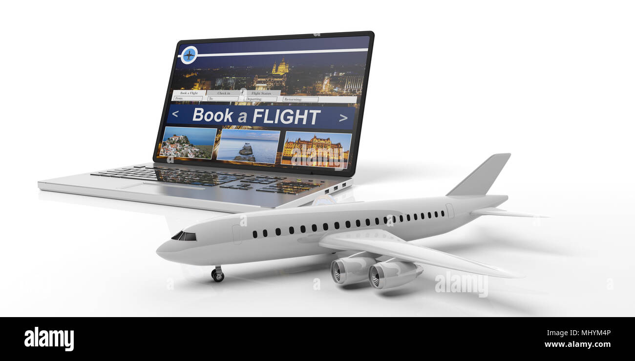 Online flight booking. Airplane and a computer laptop isolated on white ...