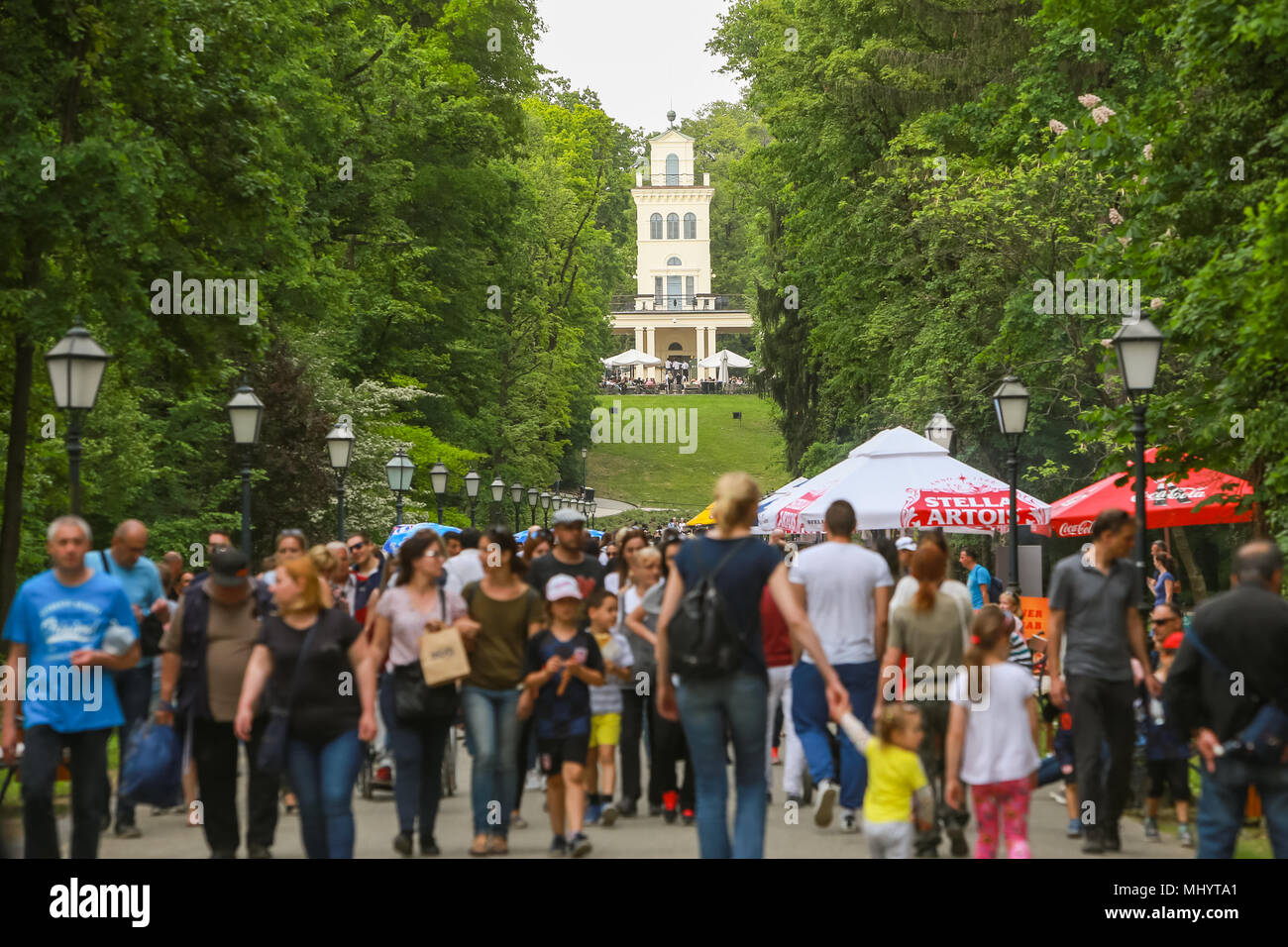 ZAGREB, CROATIA - 01 MAY, 2018: Large group of people walking down the ...