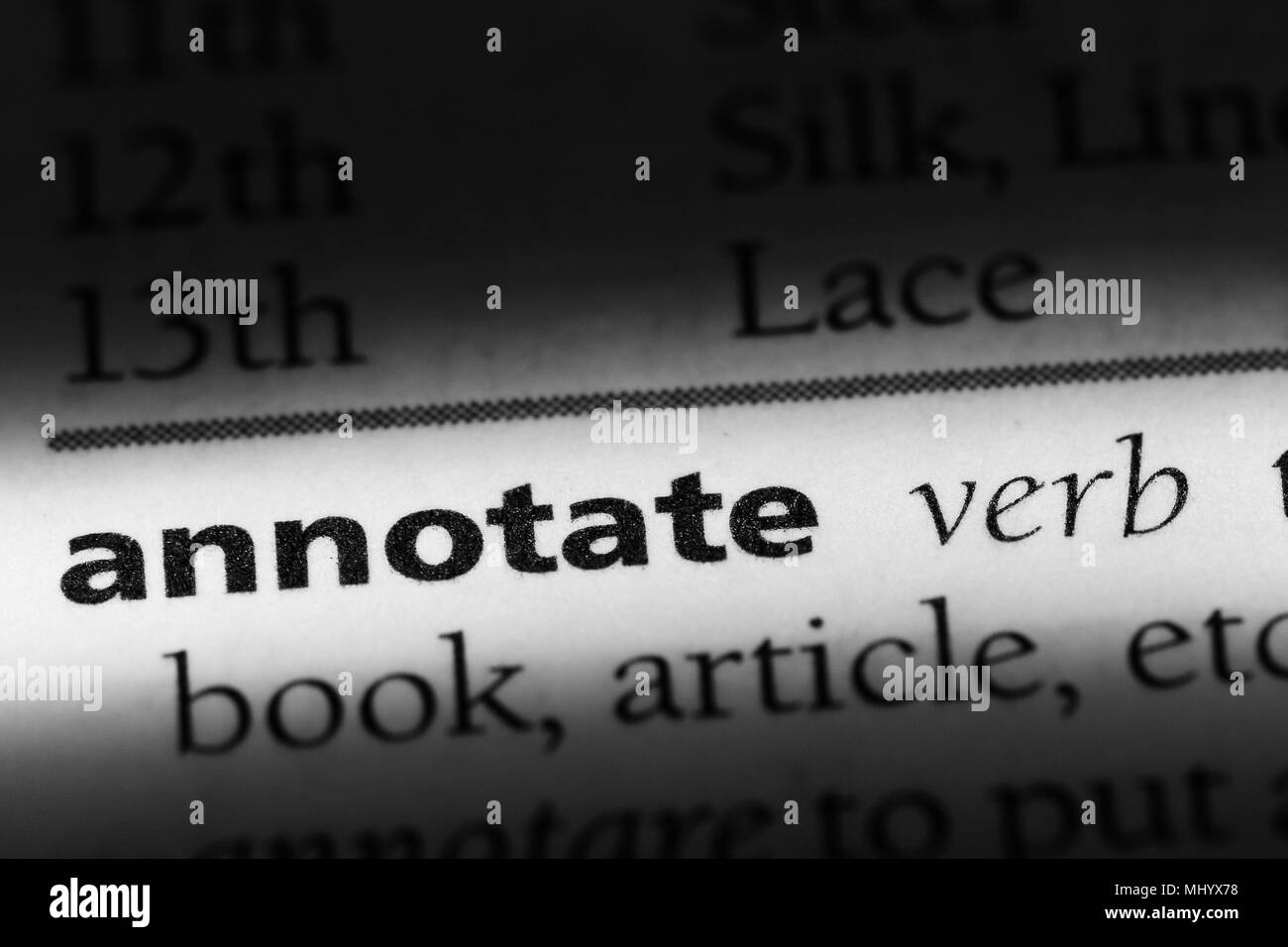 annotate word in a dictionary. annotate concept Stock Photo - Alamy
