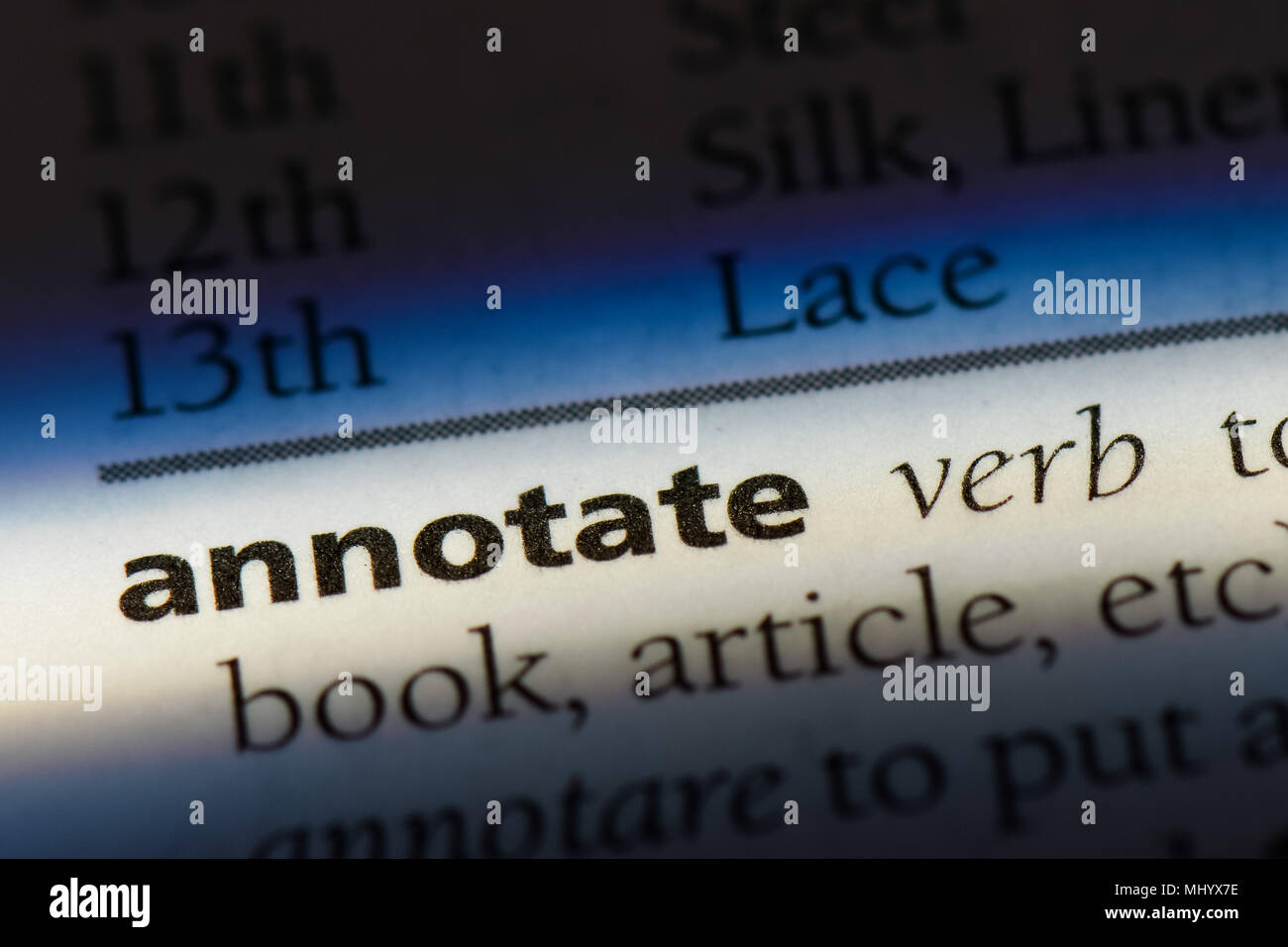 annotate word in a dictionary. annotate concept Stock Photo - Alamy
