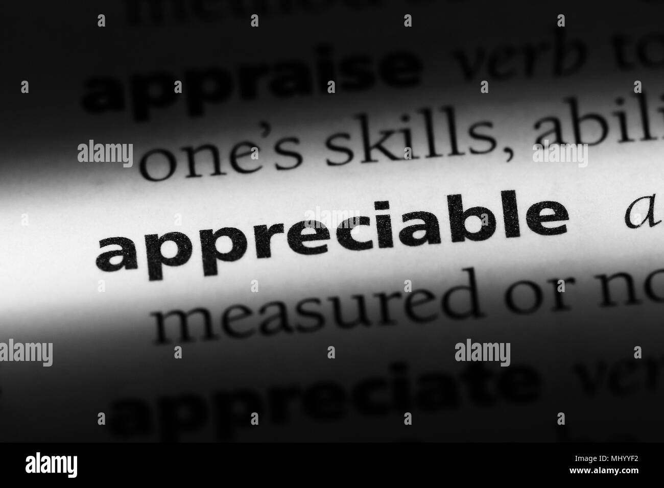 appreciable word in a dictionary. appreciable concept Stock Photo - Alamy