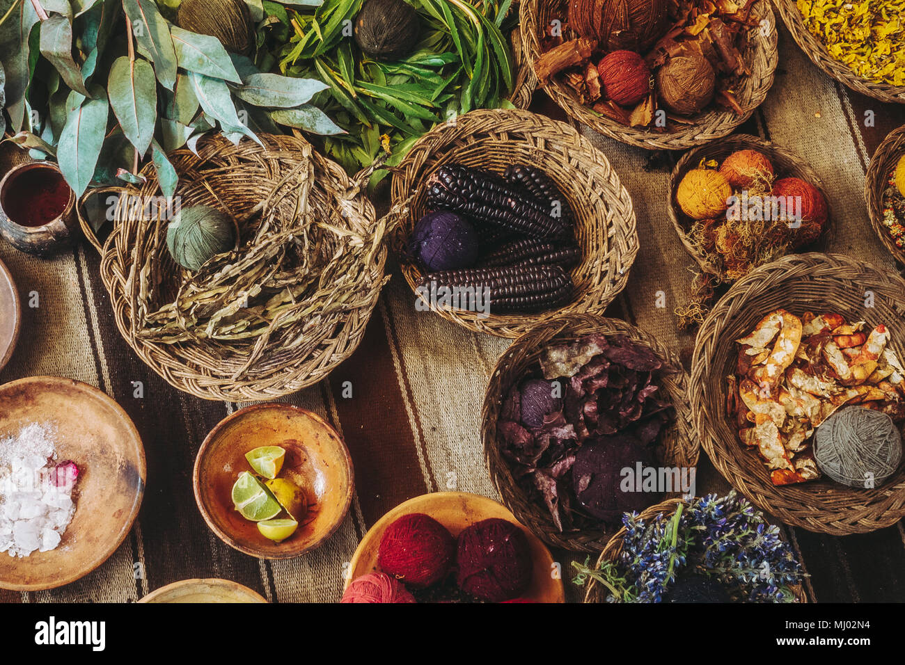 Flat lay of colorful Peruvian dying materials Stock Photo - Alamy