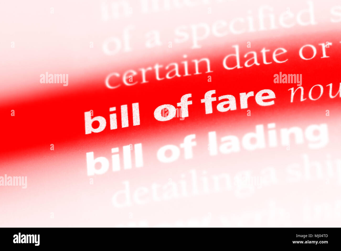 bill of fare word in a dictionary. bill of fare concept Stock Photo - Alamy
