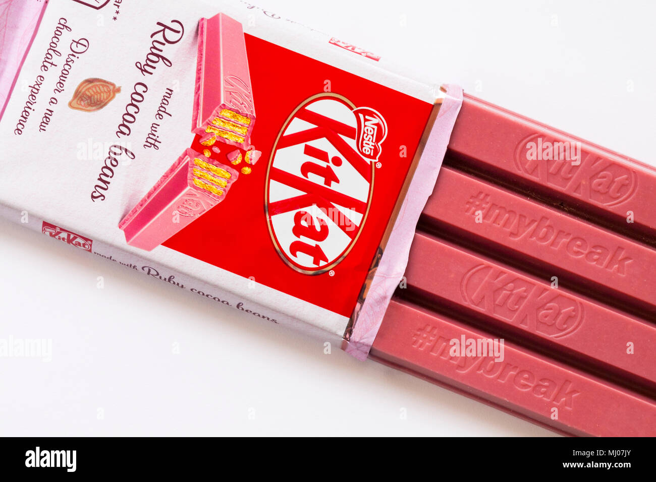 Bar of Kitkat Kit-Kat Kit Kat made with ruby cocoa beans open to show ...