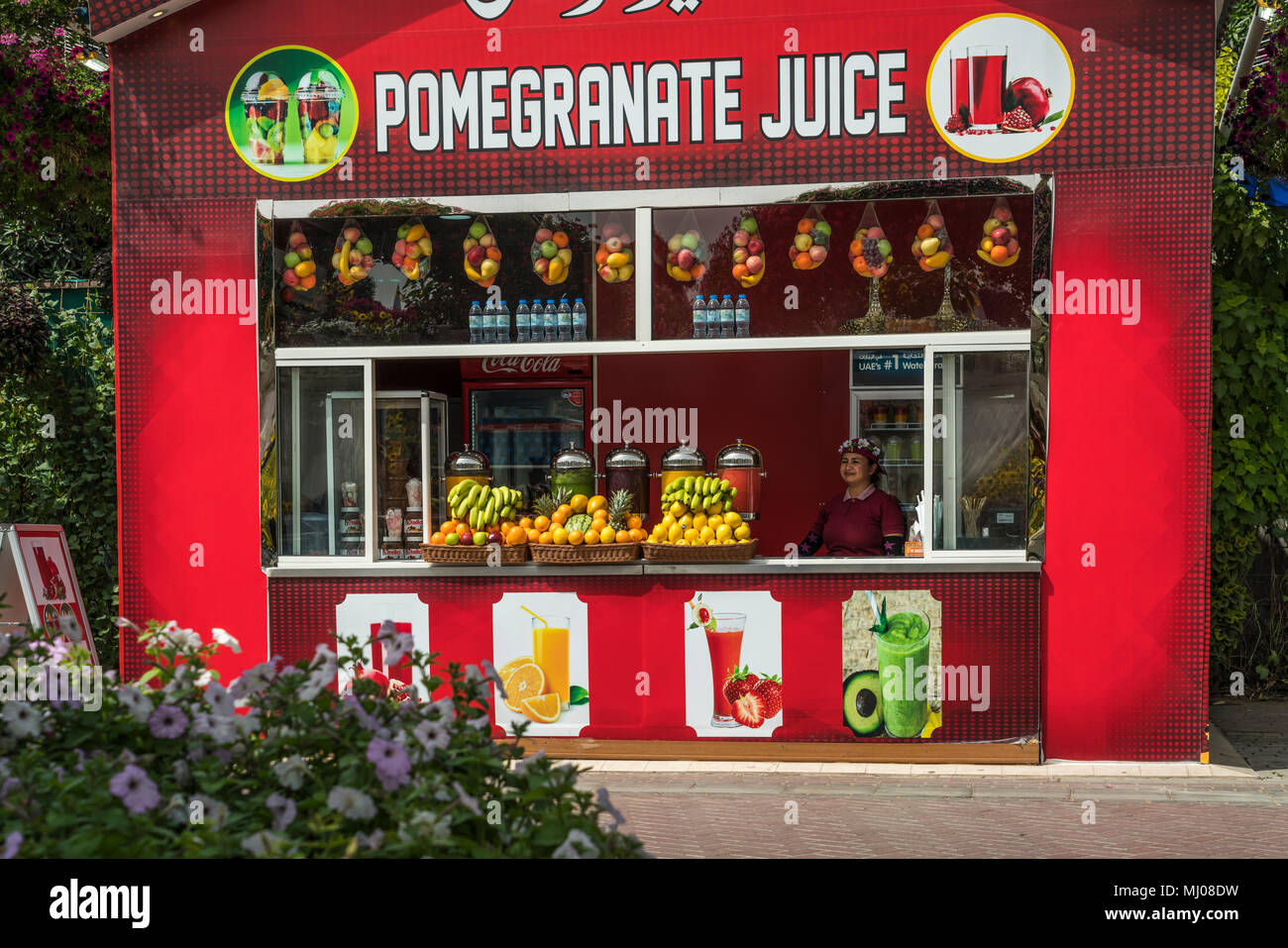 A fruit juice refreshment kiosk at the Miracle Gardens in Dubai, UAE ...