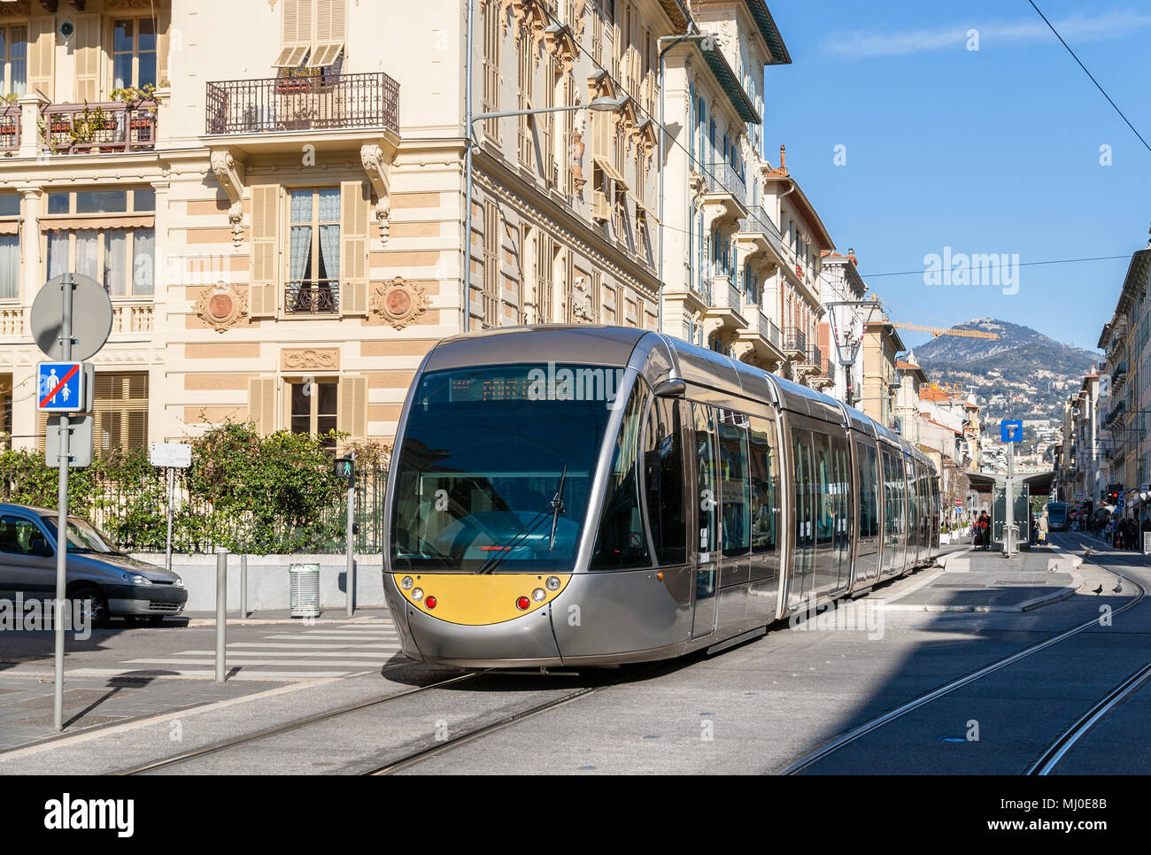 Tram on a street of Nice - French Riviera Stock Photo - Alamy