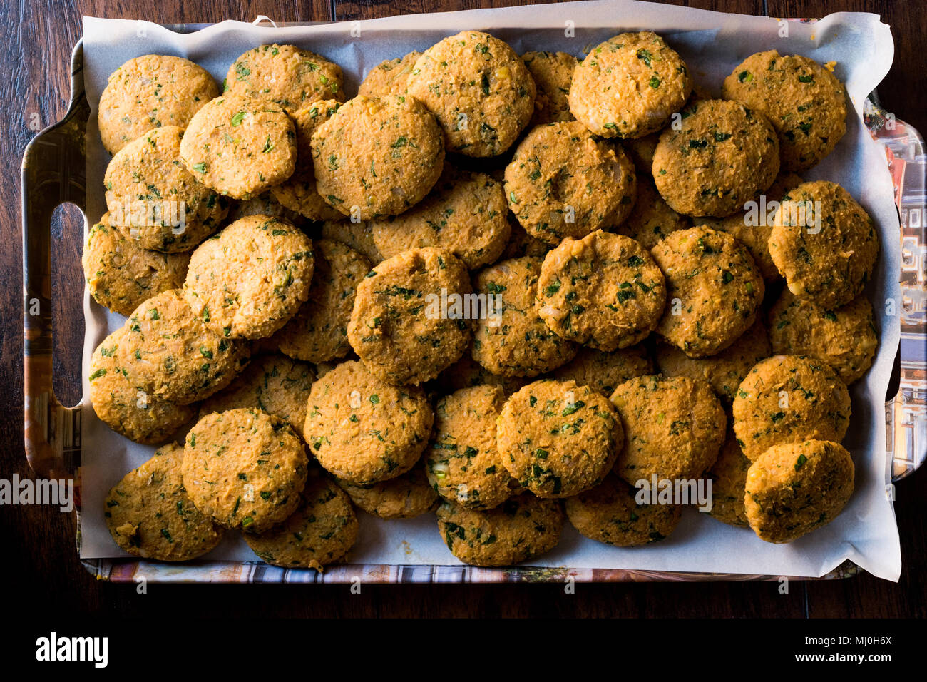 Raw Chickpeas Falafel on tray before cooking. Traditional Food Stock ...