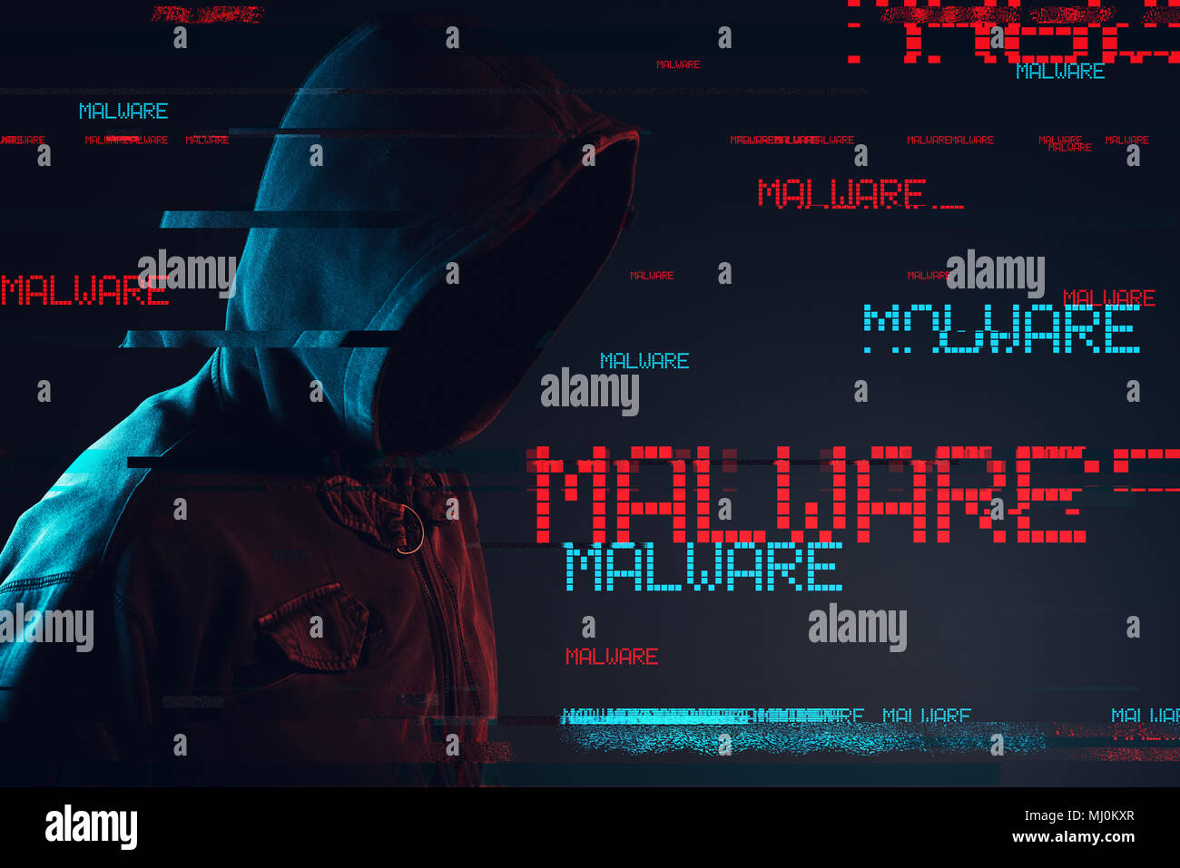 Malware concept with faceless hooded male person, low key red and blue ...