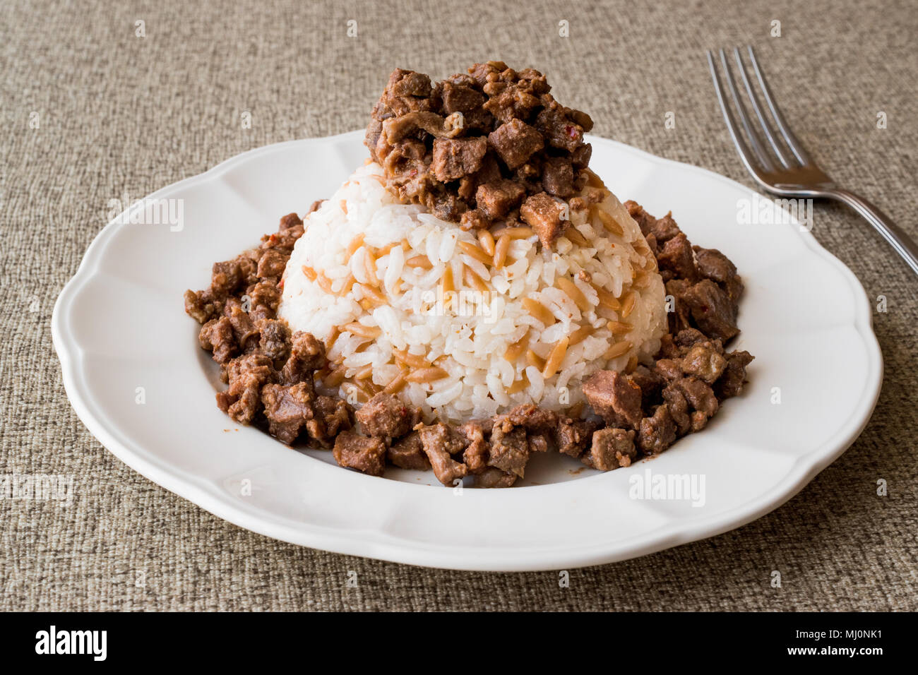 Turkish Meat Et Kavurma with rice / pilav. Traditional food Stock Photo ...