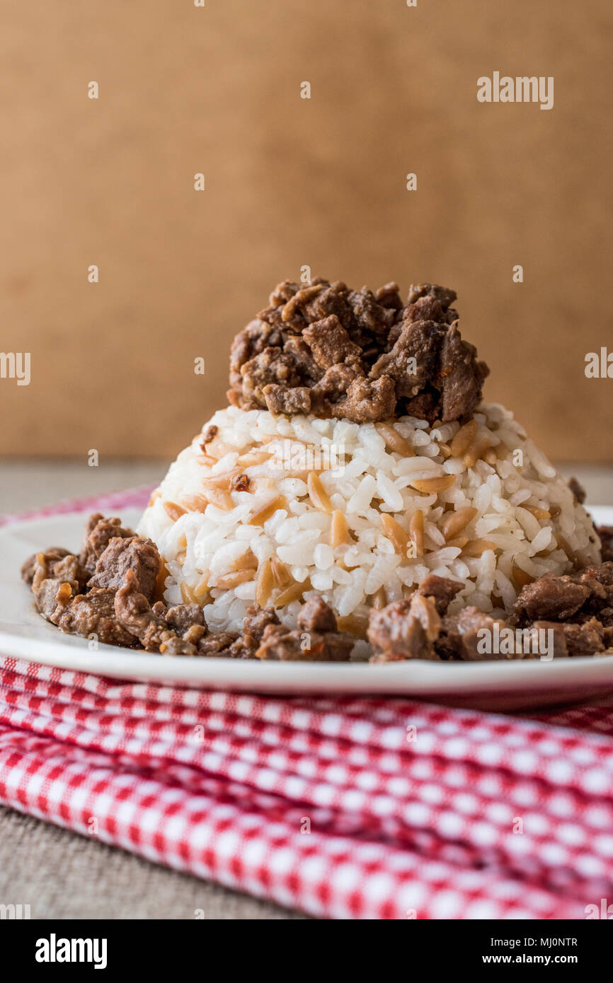 Turkish Meat Et Kavurma with rice / pilav. Traditional food Stock Photo ...