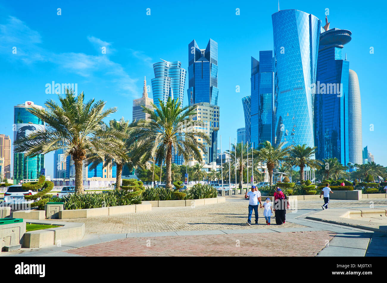 DOHA, QATAR - FEBRUARY 13, 2018: The Corniche promenade boasts numerous ...