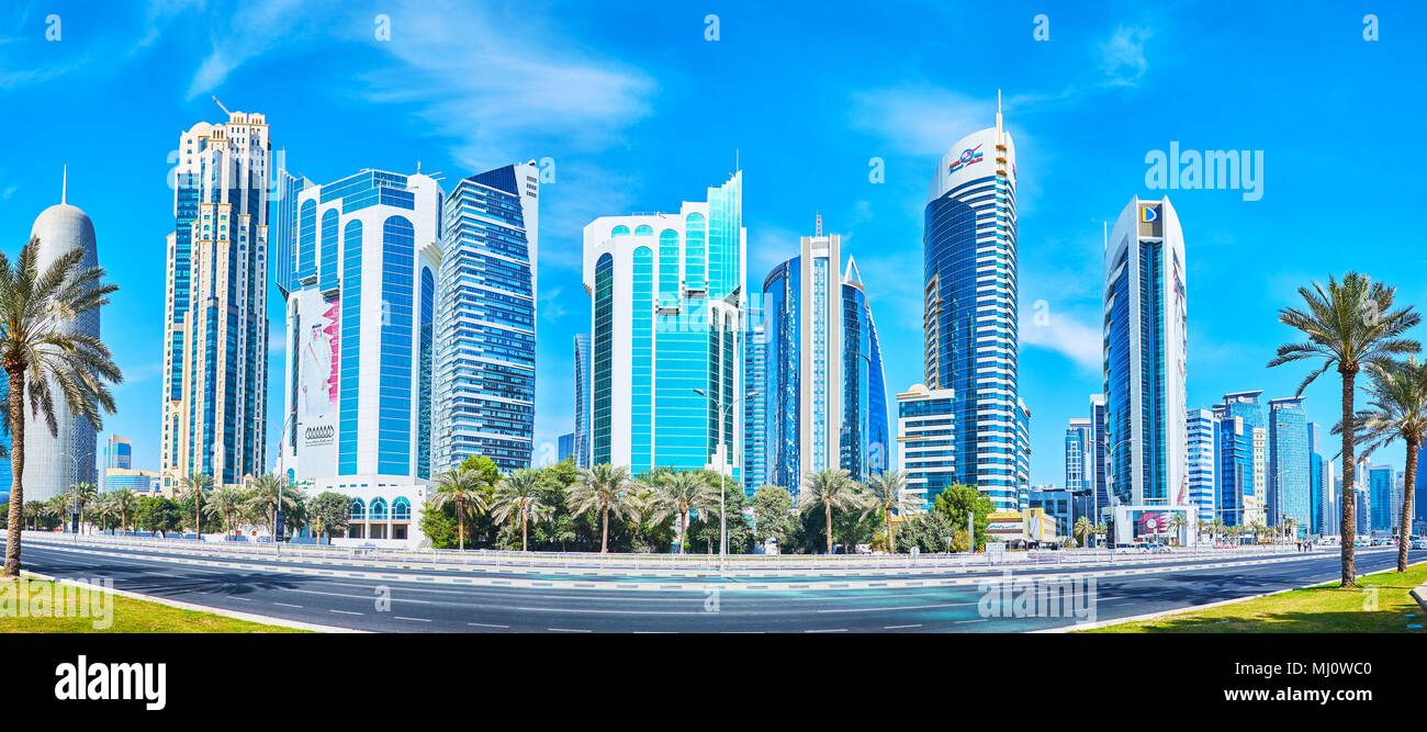 DOHA, QATAR - FEBRUARY 13, 2018: The skyscrapers of Al Dafna are the ...