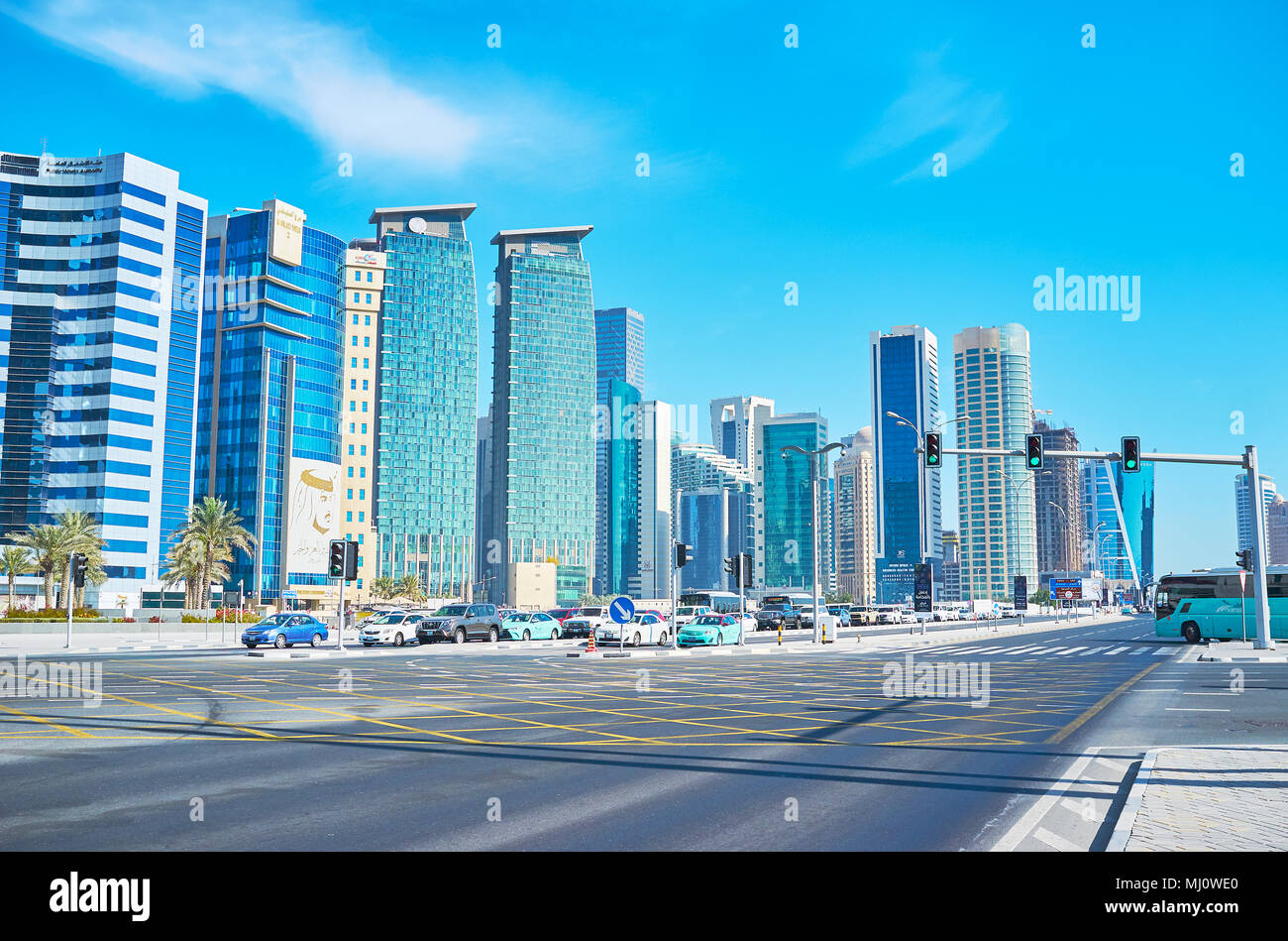 DOHA, QATAR - FEBRUARY 13, 2018: West Bay neighborhood boasts multitude ...