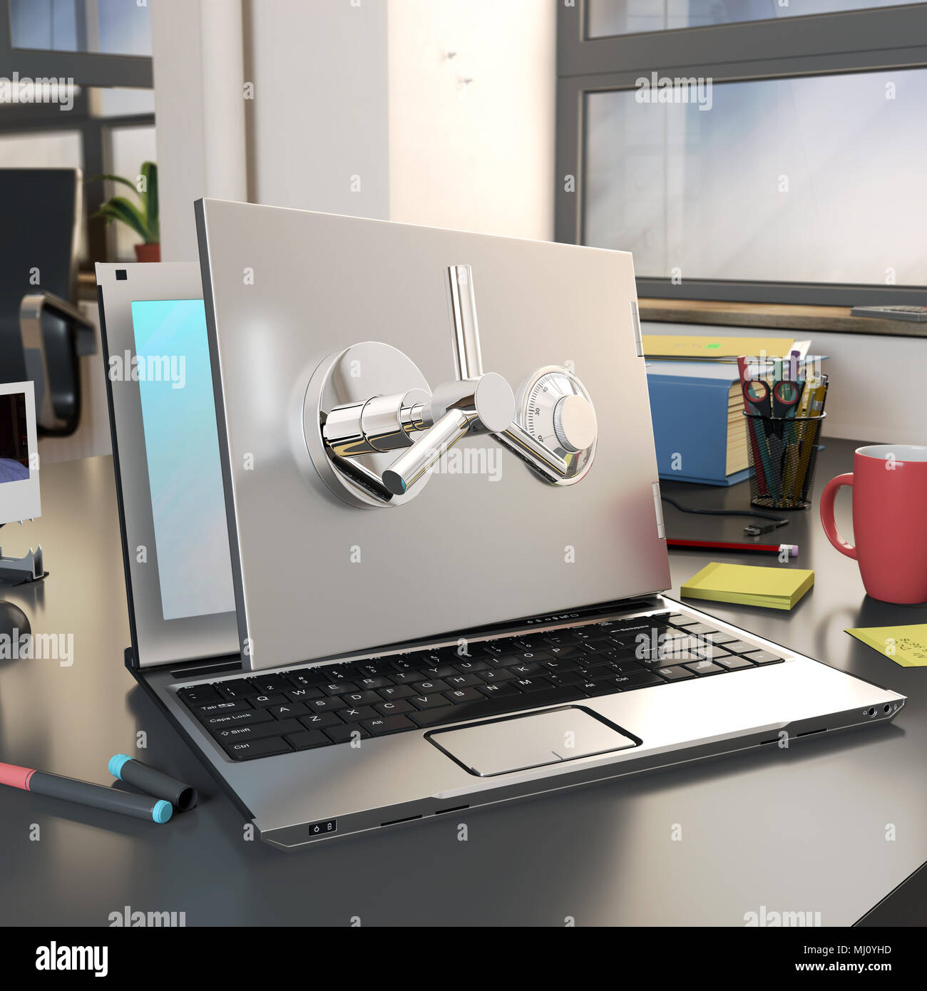 computer locked by safe deposit box's door in an office, 3d rendering ...