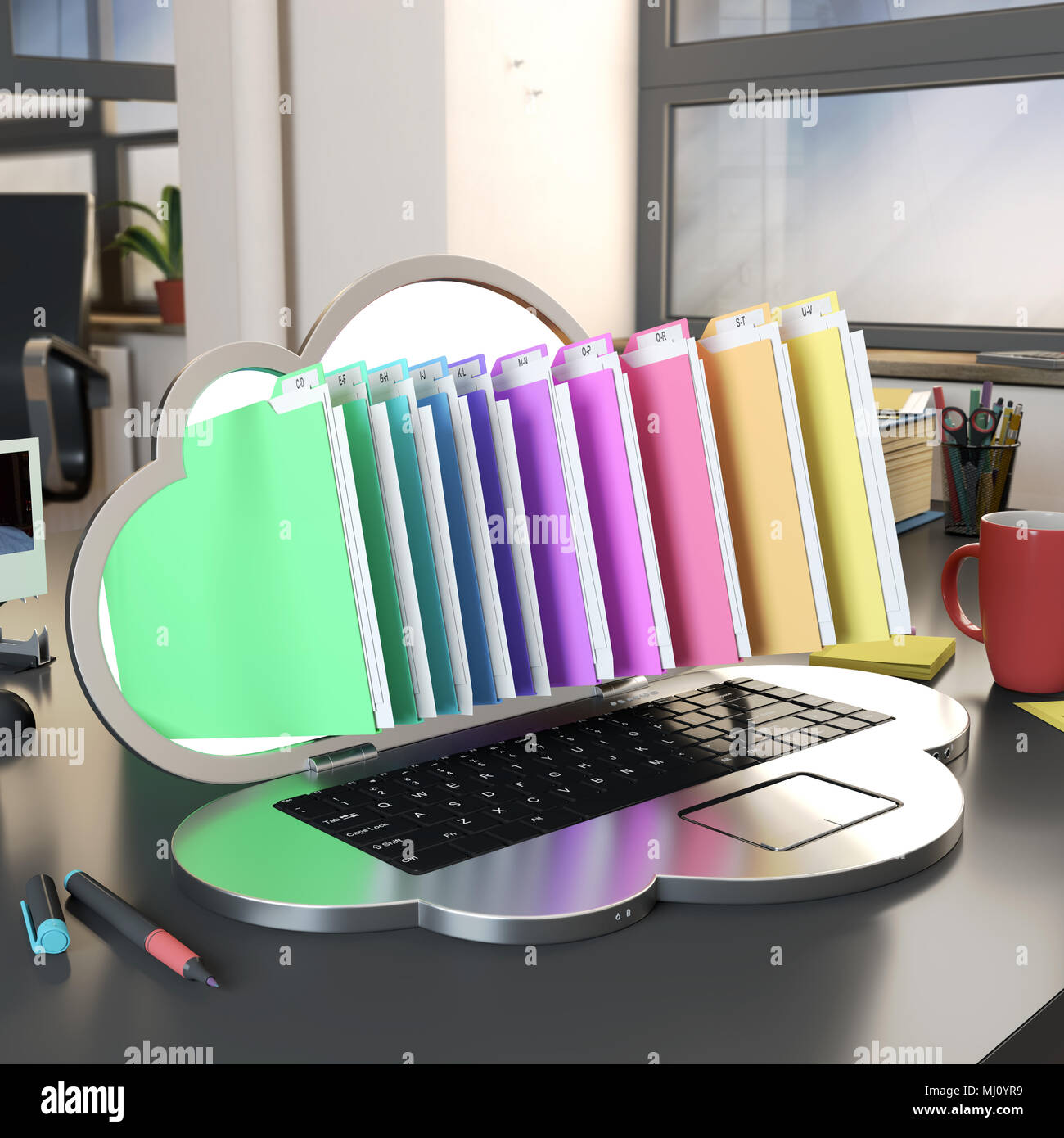 folders popping out from a computer shaped as a cloud in an office, 3d ...