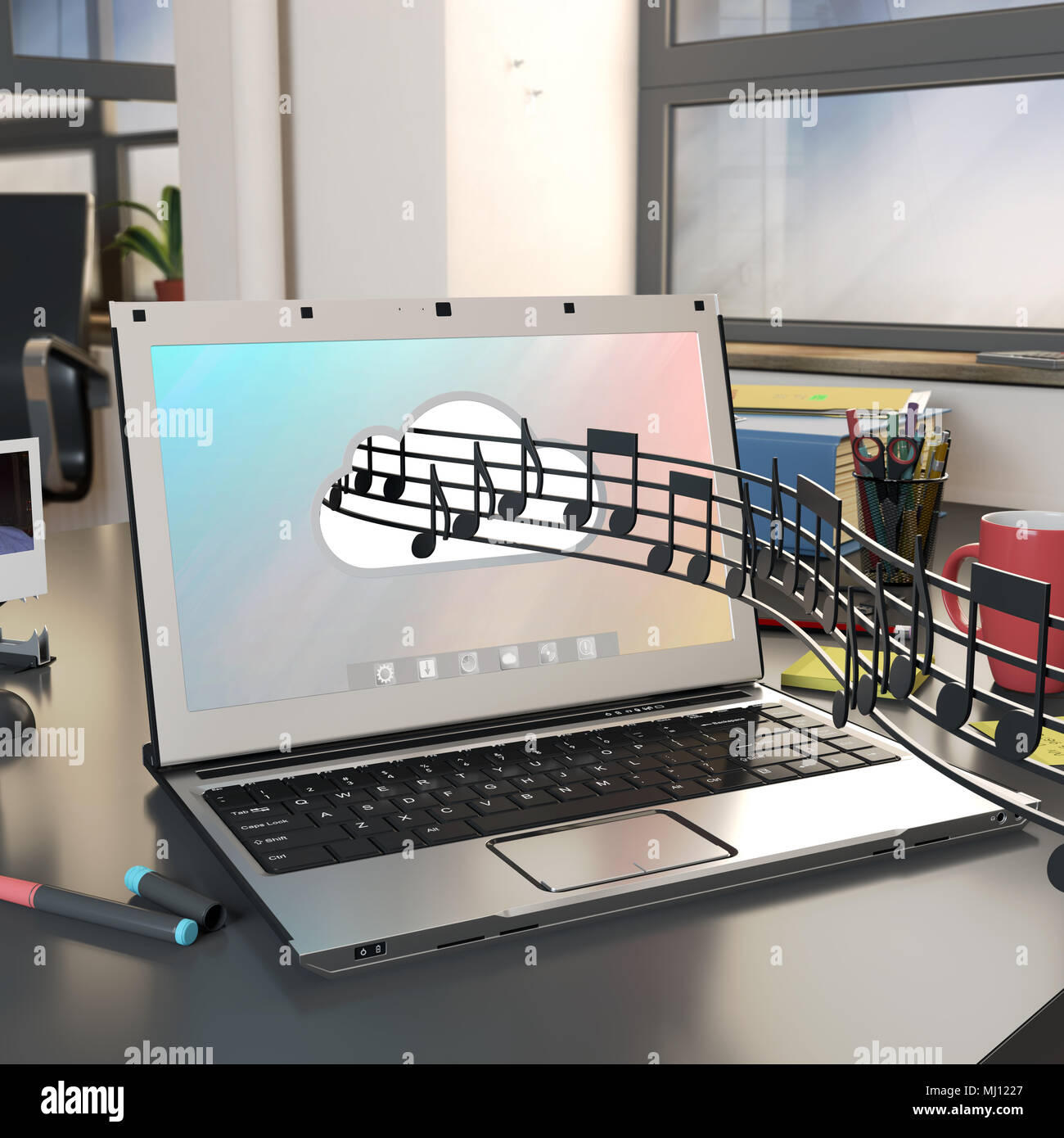 music popping out from computer in an office, 3d rendering Stock Photo ...