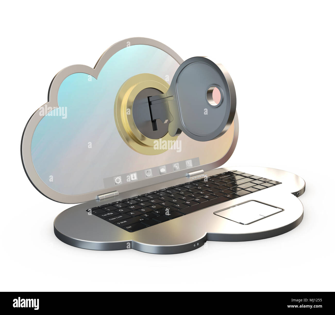 computer shaped as a cloud locked by key over white background, 3d ...