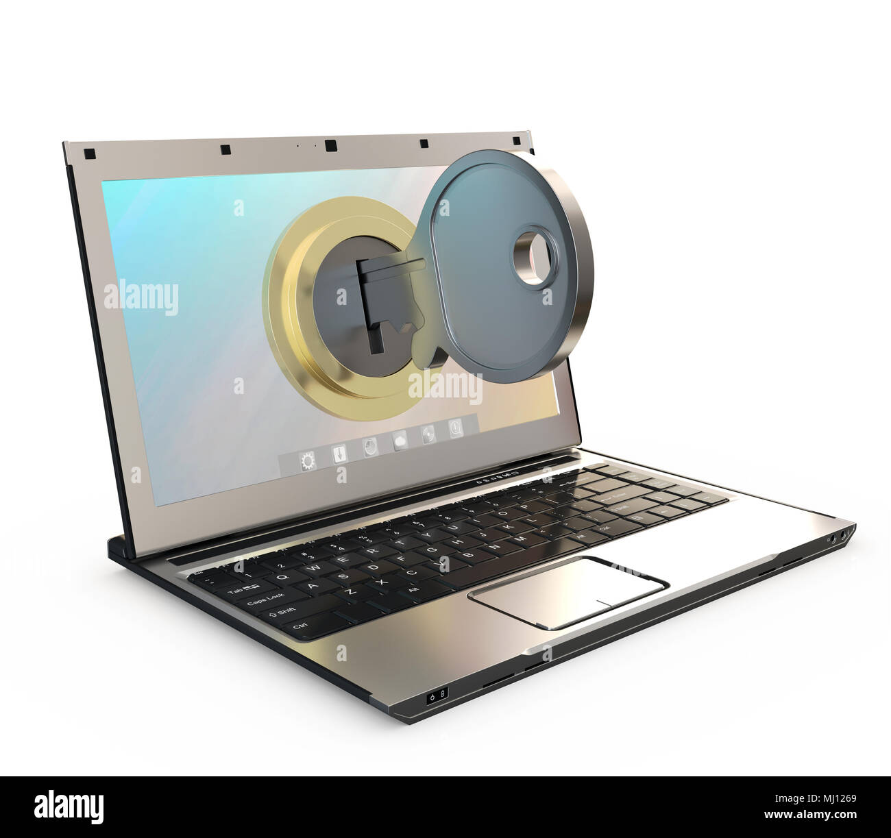 computer locked by key over white background, 3d rendering Stock Photo ...