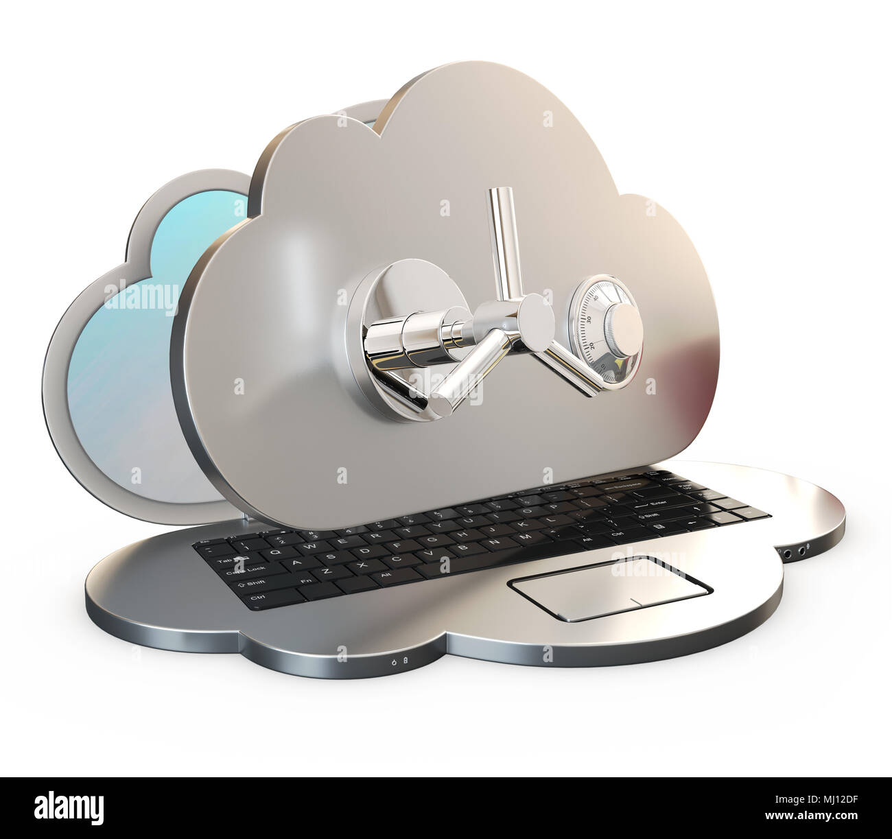 computer shaped as a cloud locked by safe deposit box's door over white ...