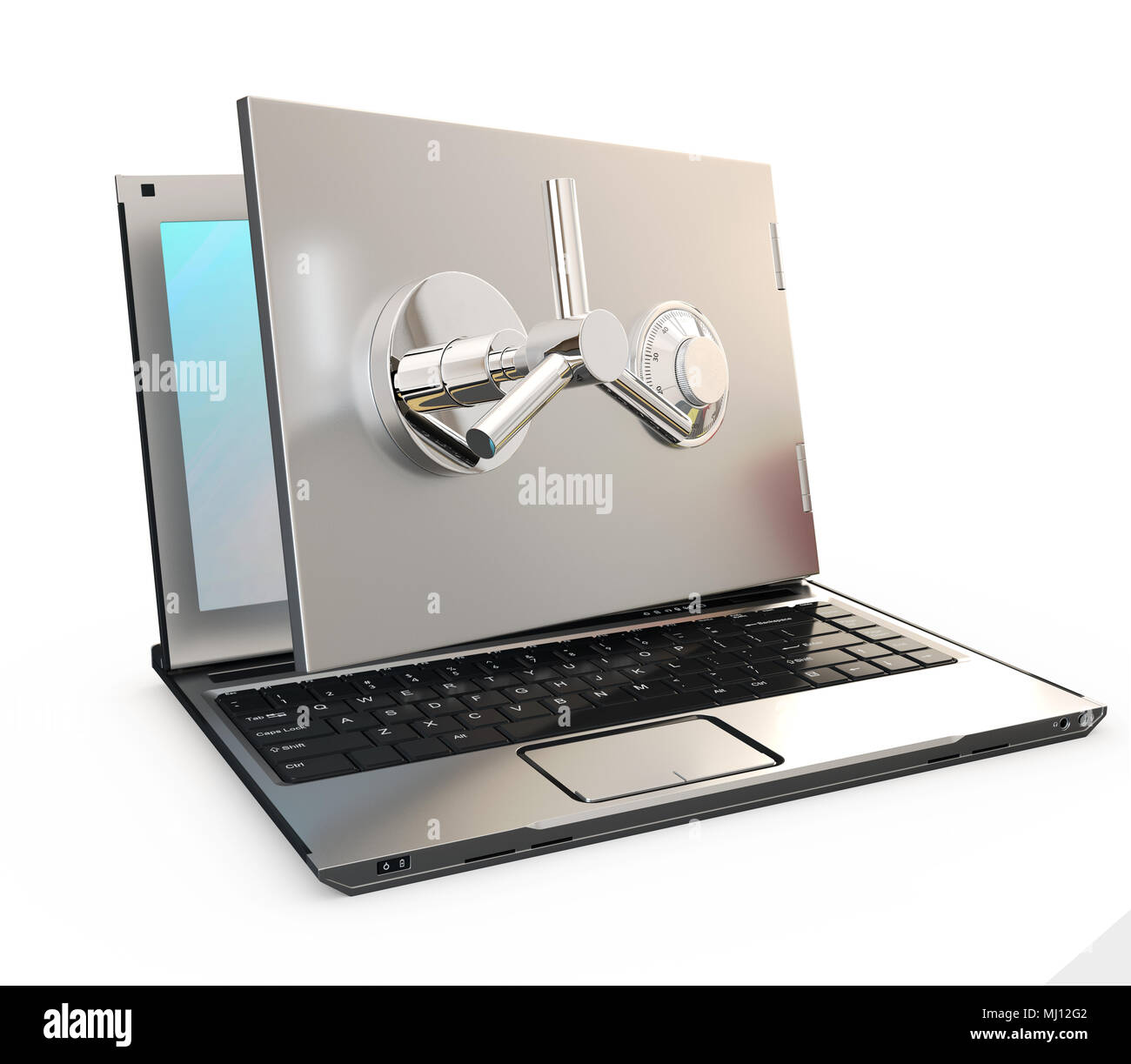 computer locked by safe deposit box's door over white background, 3d ...