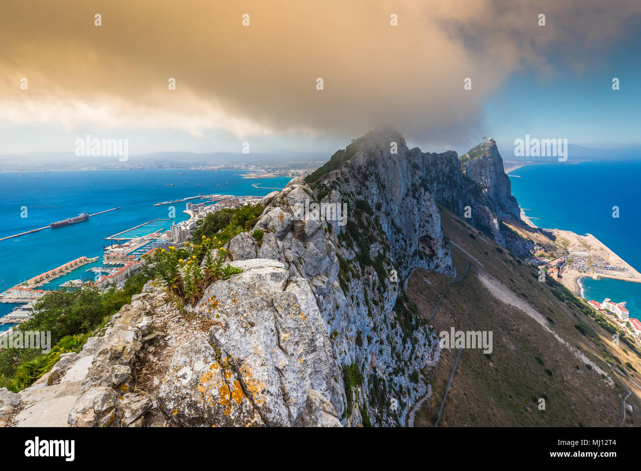 View of the Gibraltar rock from the Upper Rock Stock Photo - Alamy