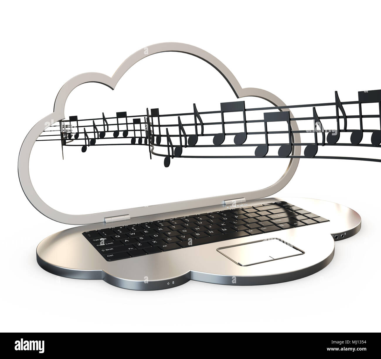 music popping out from computer shaped as a cloud over white background ...