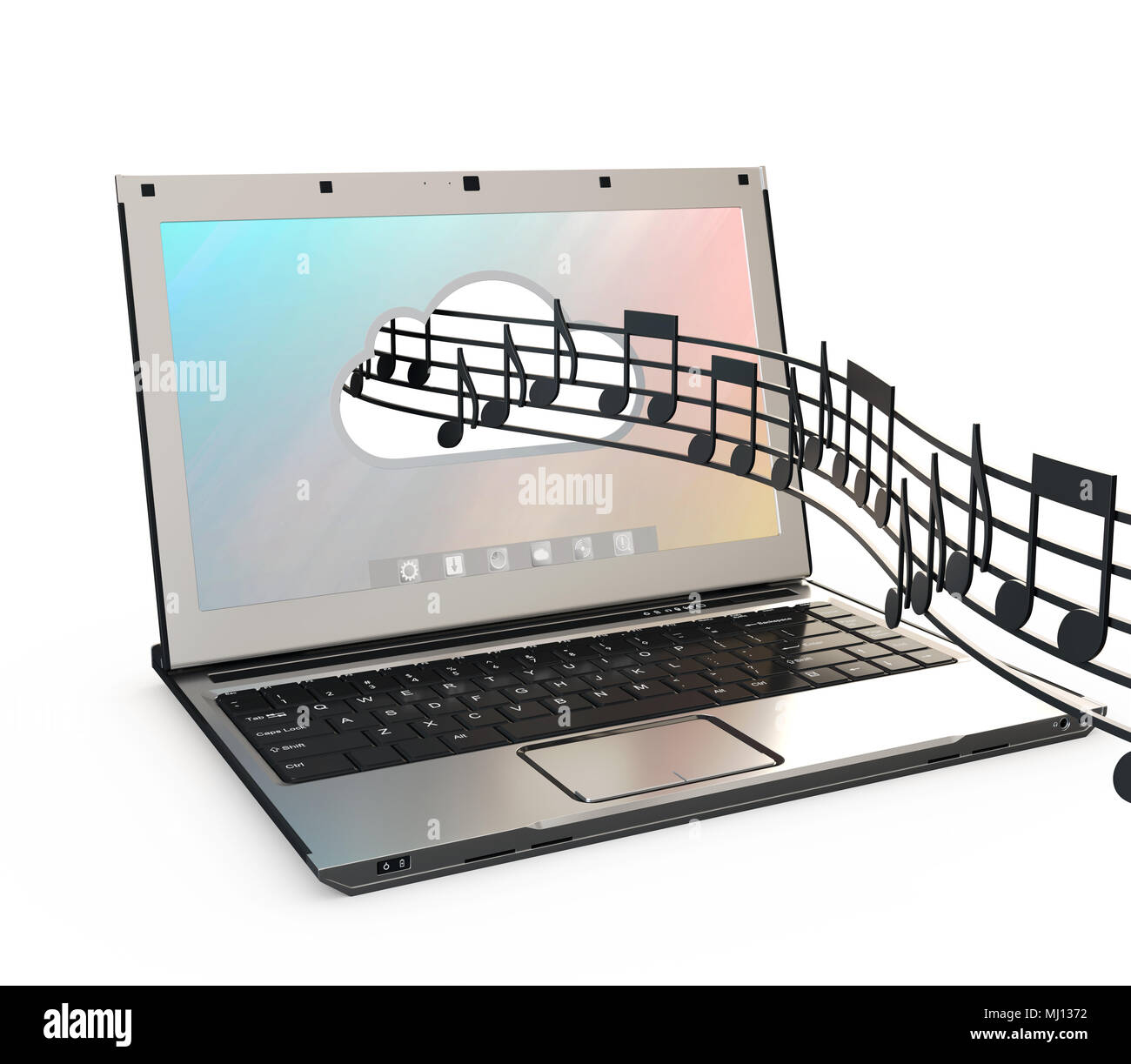 music popping out from computer over white background, 3d rendering ...