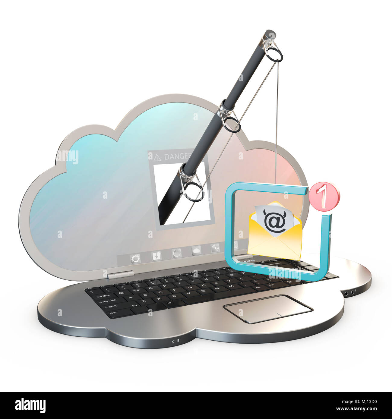 fishing rod with hostile email popping out from a computer shaped as a ...