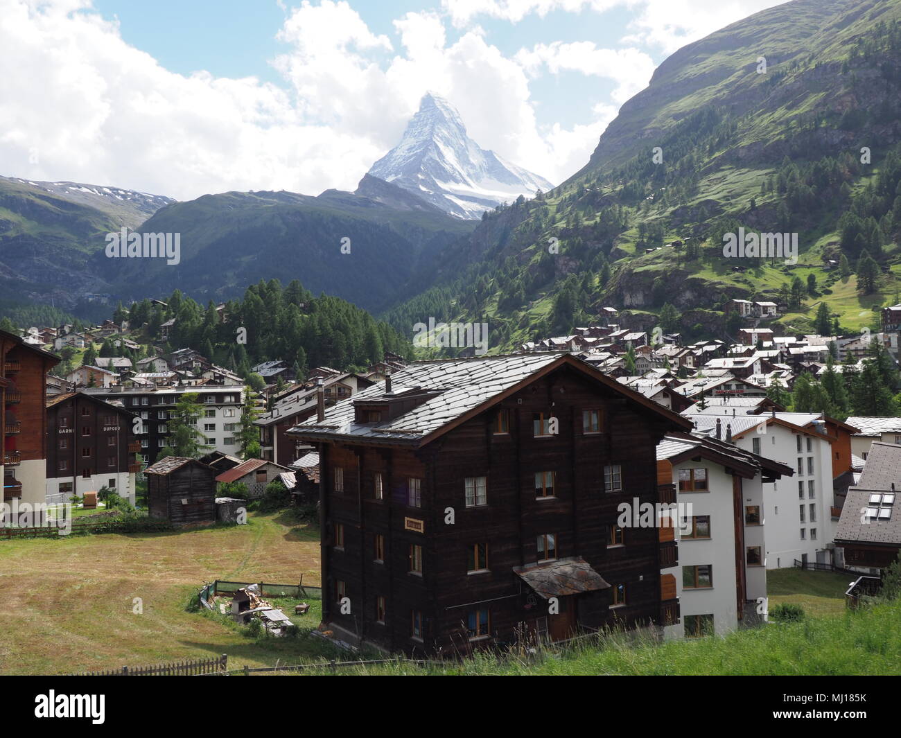 ZERMATT, SWITZERLAND on JULY 2017: View on swiss european village with ...