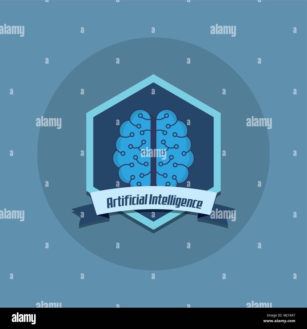 Emblem of artificial intelligence with brain icon over blue background ...