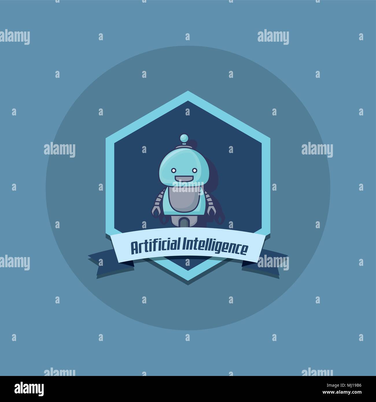 Emblem of artificial intelligence with robot icon over blue background ...