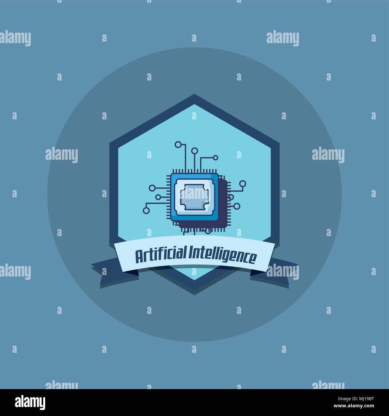 Emblem of artificial intelligence with computer chip icon over blue ...
