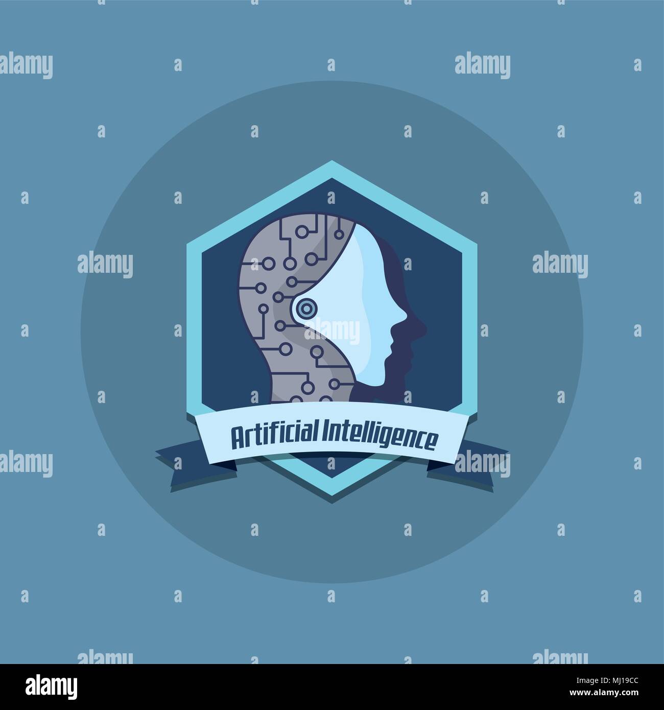 Emblem of artificial intelligence with robotic head icon over blue ...