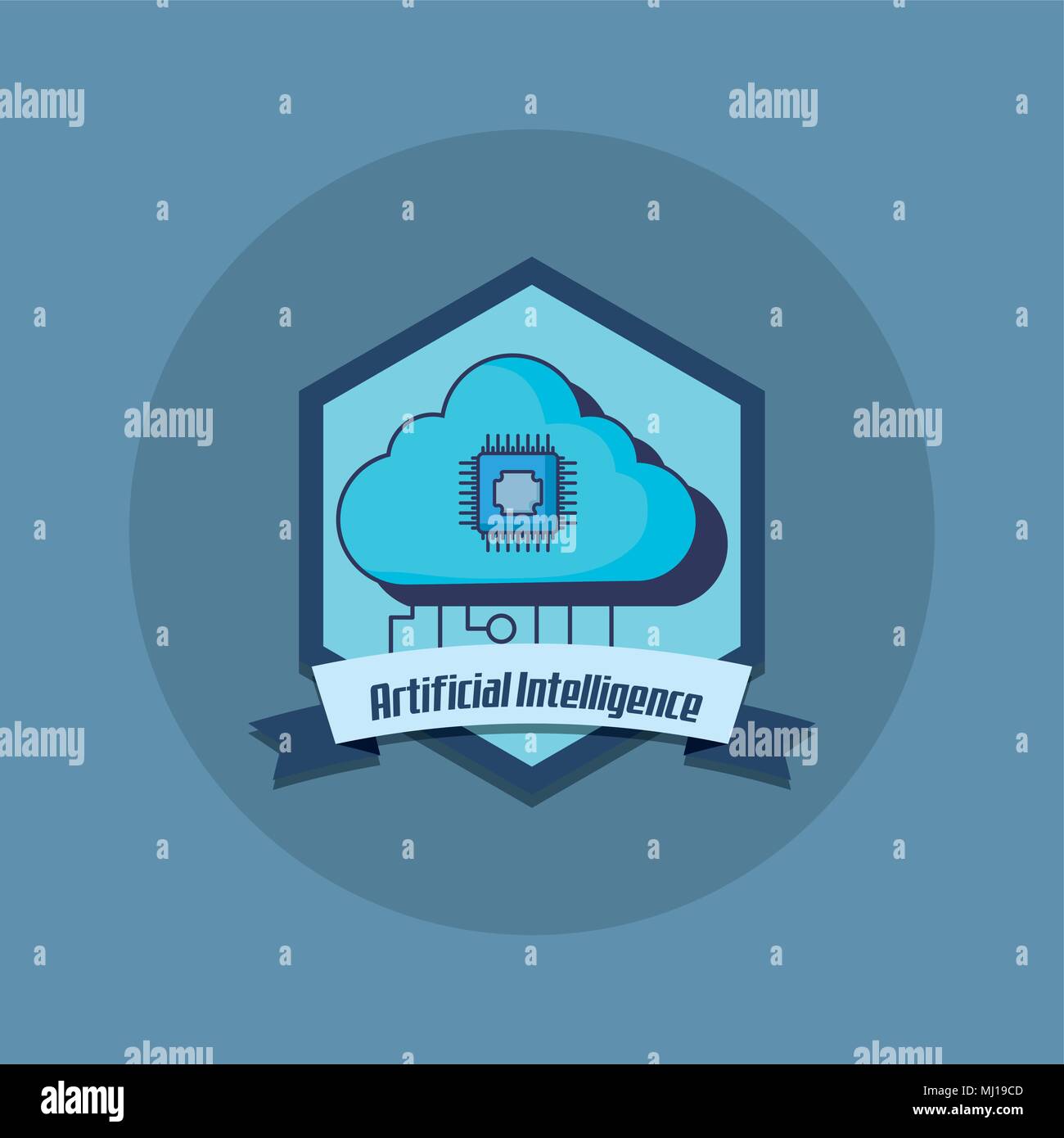 Emblem of artificial intelligence with cloud storage icon over blue ...