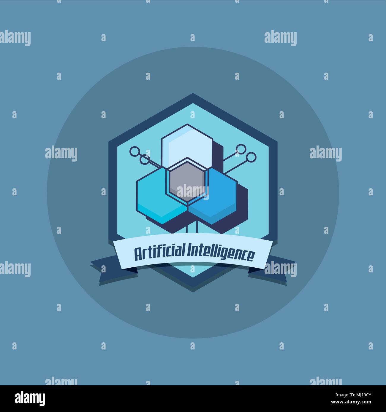 Emblem of artificial intelligence with chip icon over blue background ...