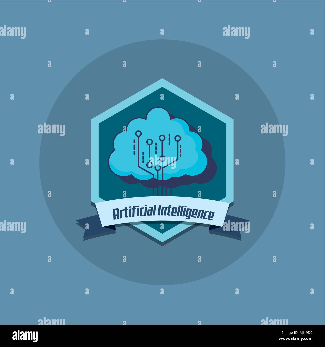 Emblem of artificial intelligence with icon over blue background ...