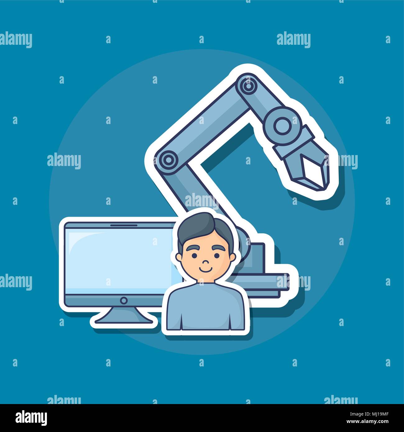 robotic arm with cartoon man and computer over blue background ...