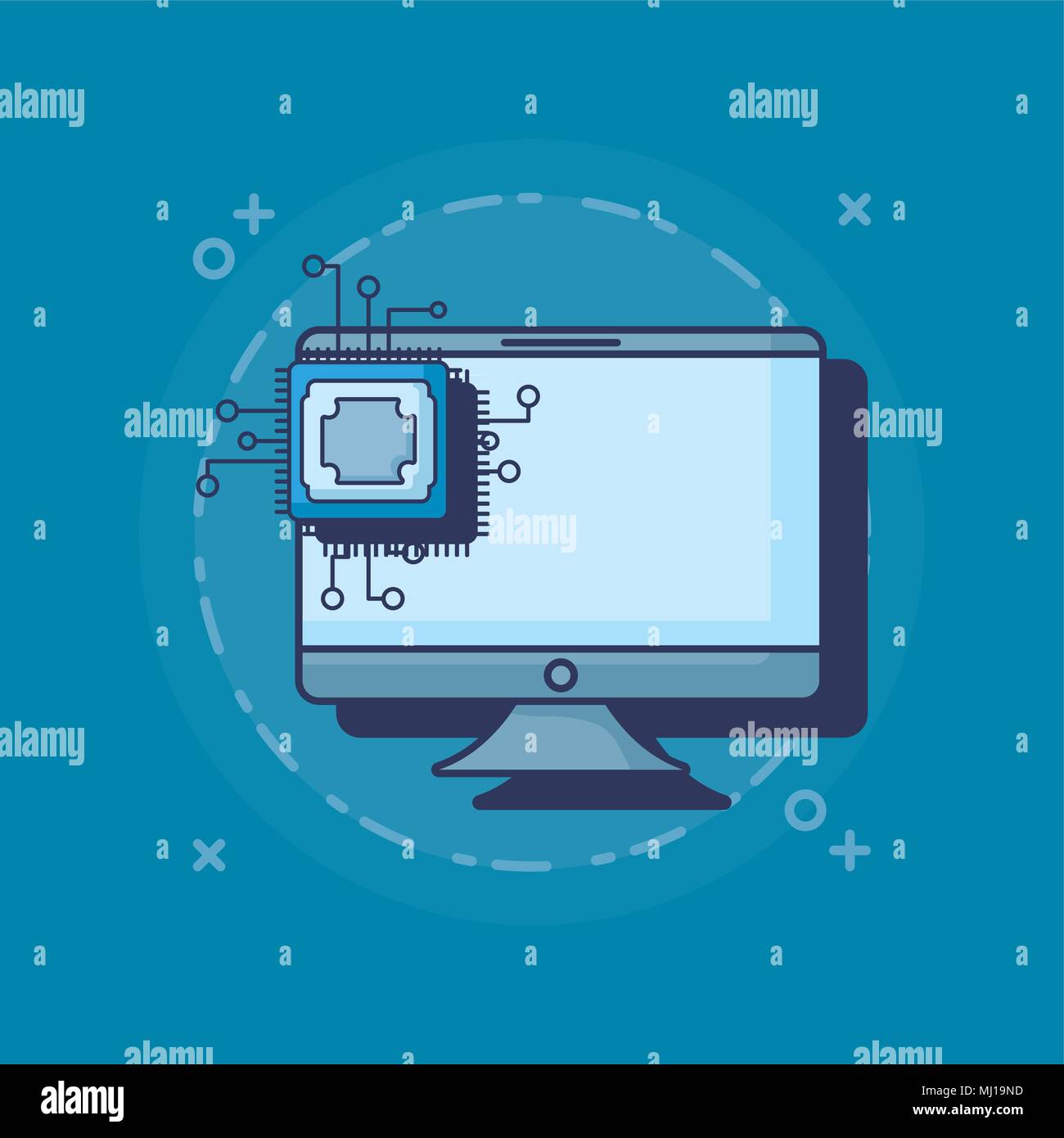 computer and computer chip over blue background, colorful design ...