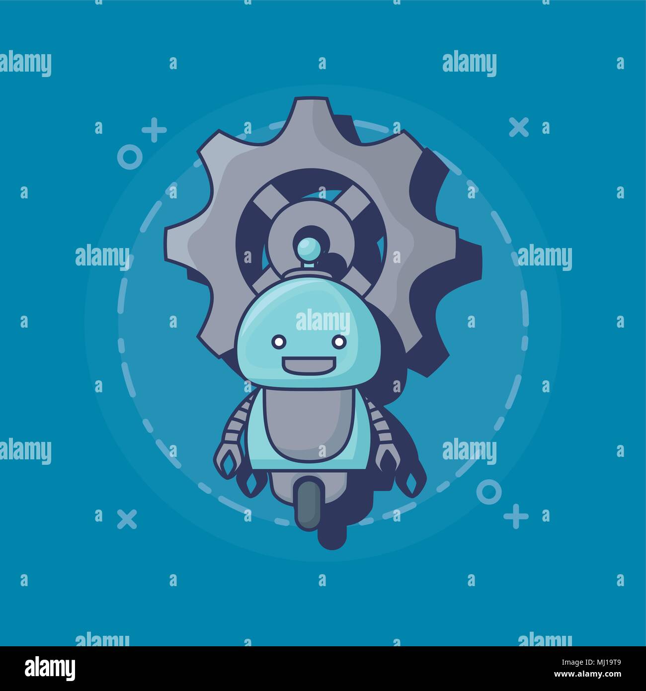 cartoon robot and gear wheel icon over blue background, colorful design ...