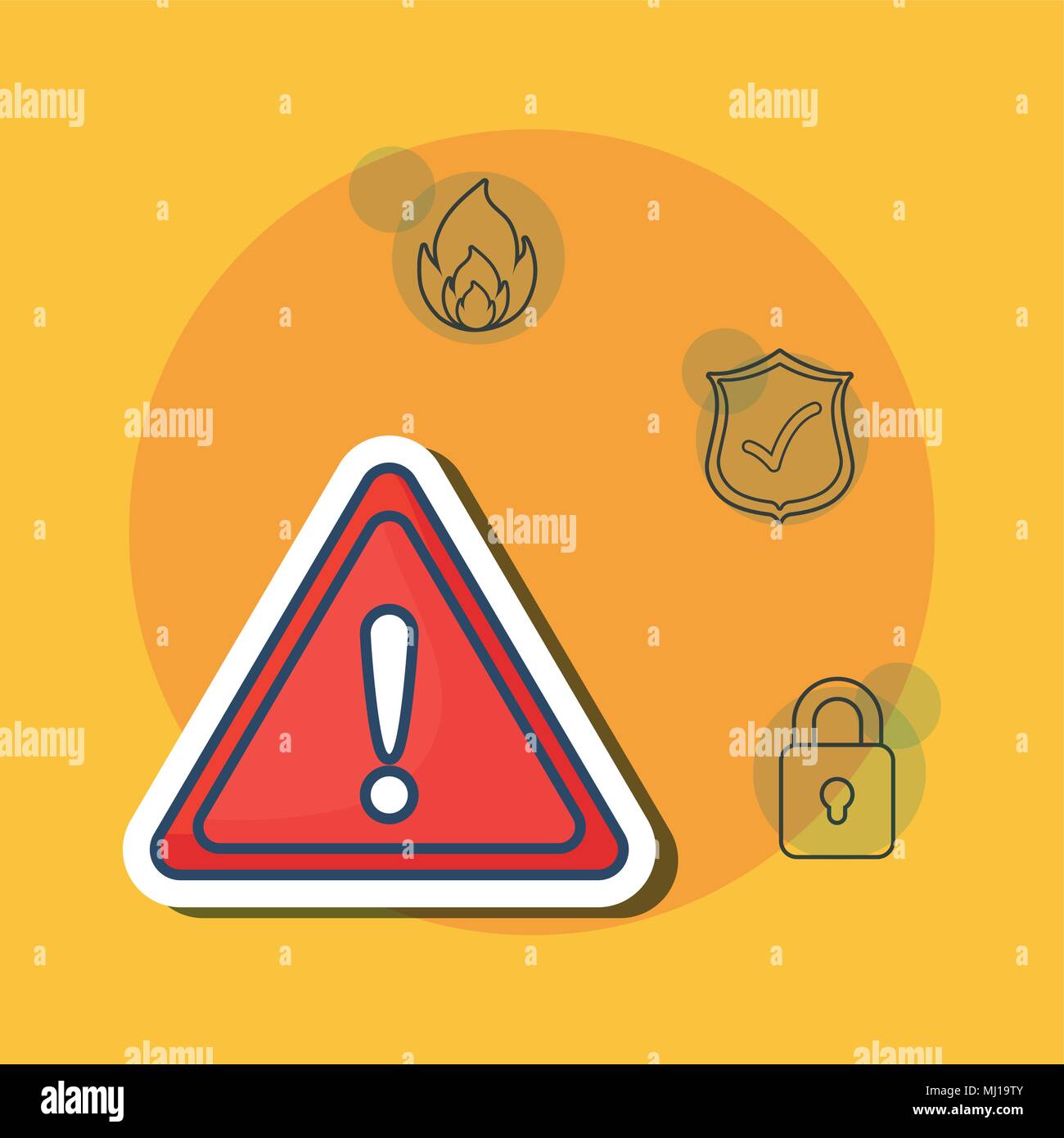 warning sign with cyber security related icons over yellow background ...