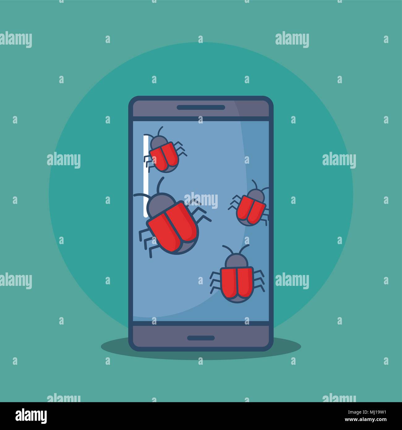smartphone with virus bugs over turquoise background, colorful design ...