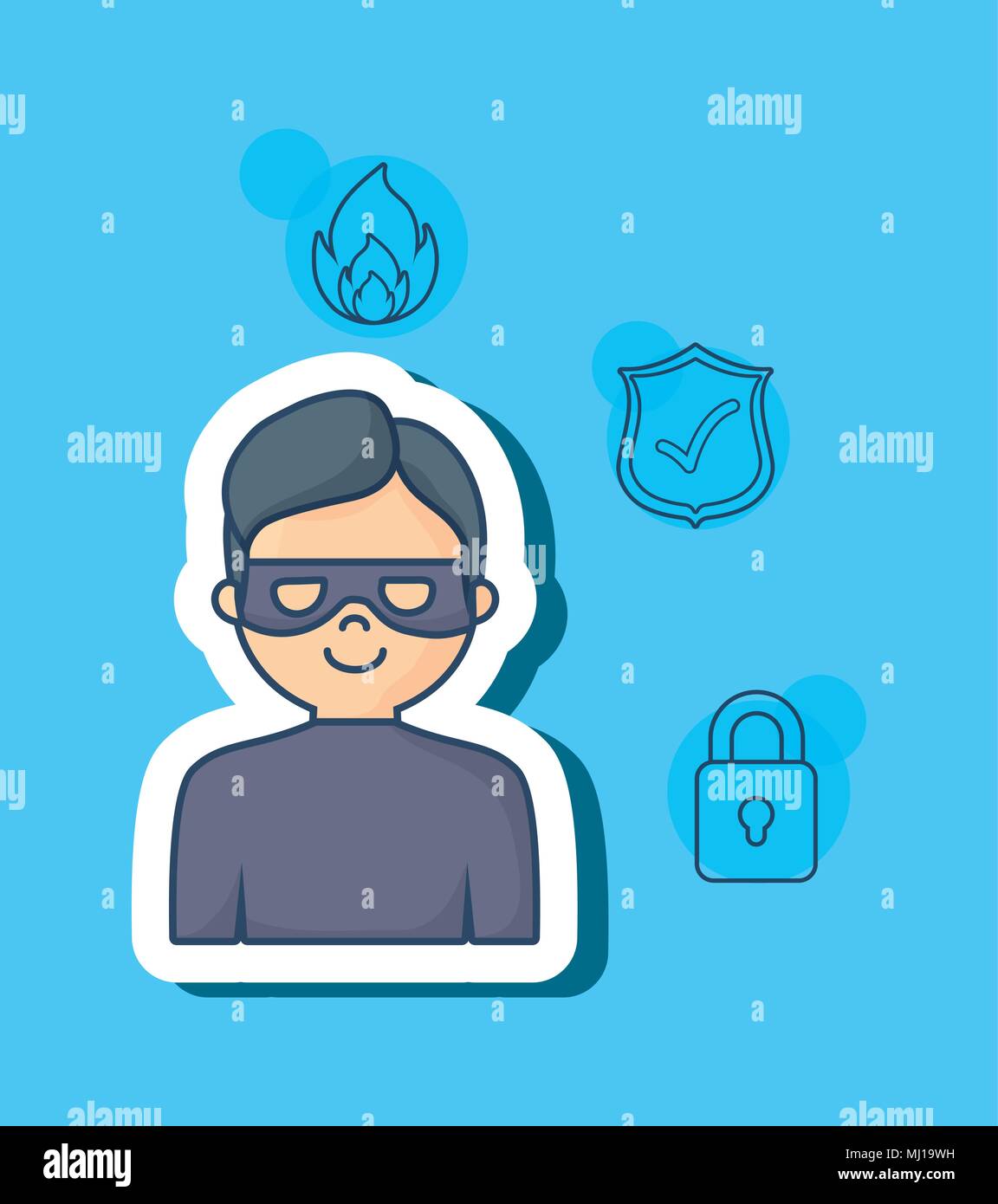 cartoon hacker with cyber security related icons over blue background ...