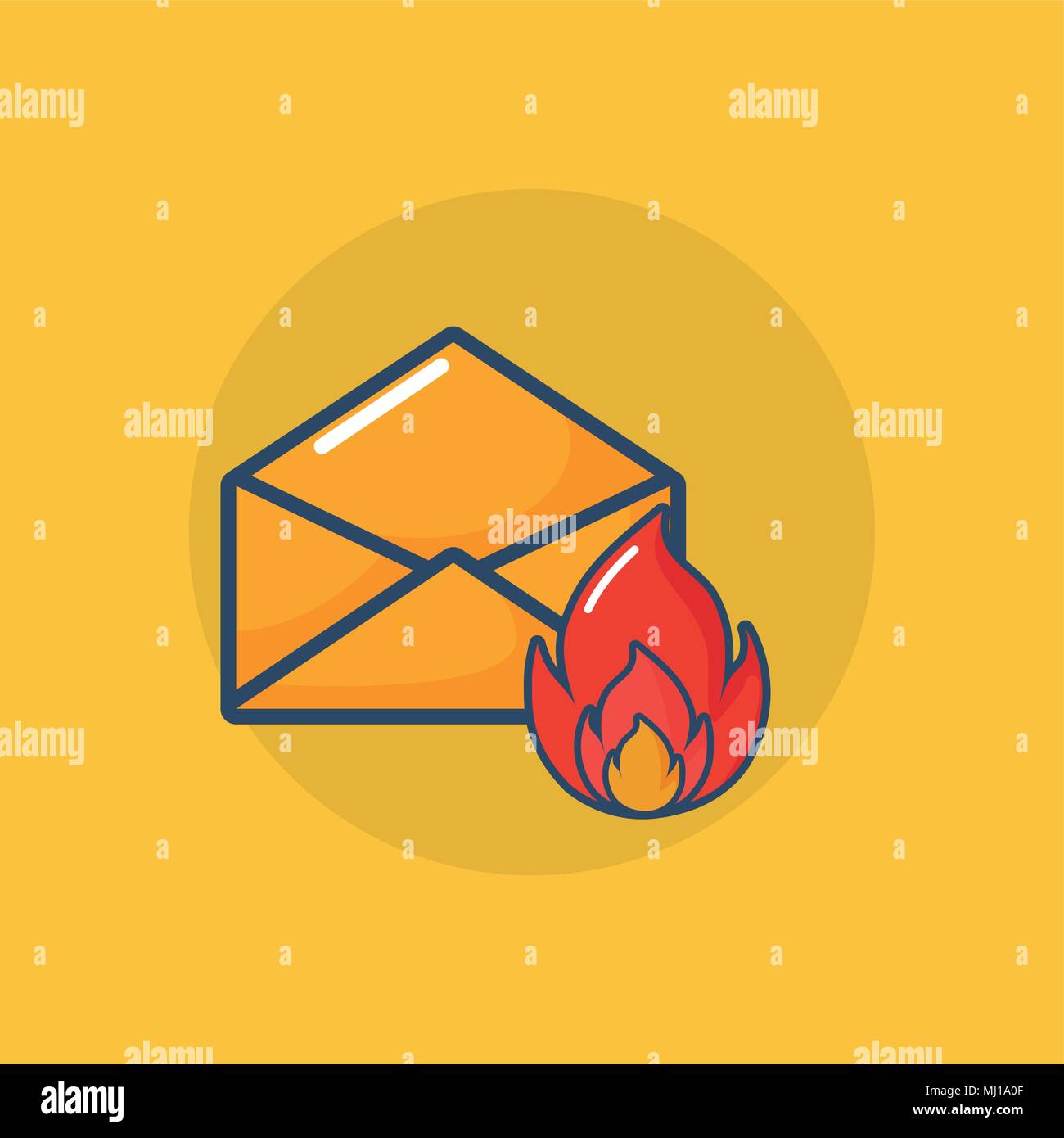 cyber security design with envelope with fire flame over yellow ...