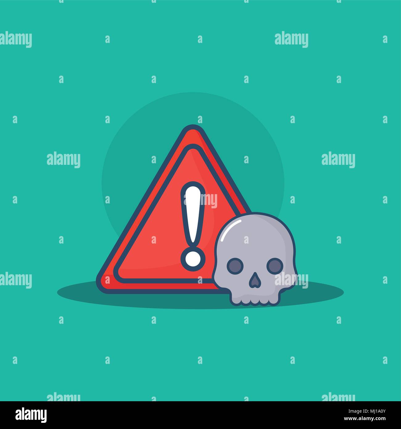 warning sign with skull over turquoise background, colorful design ...