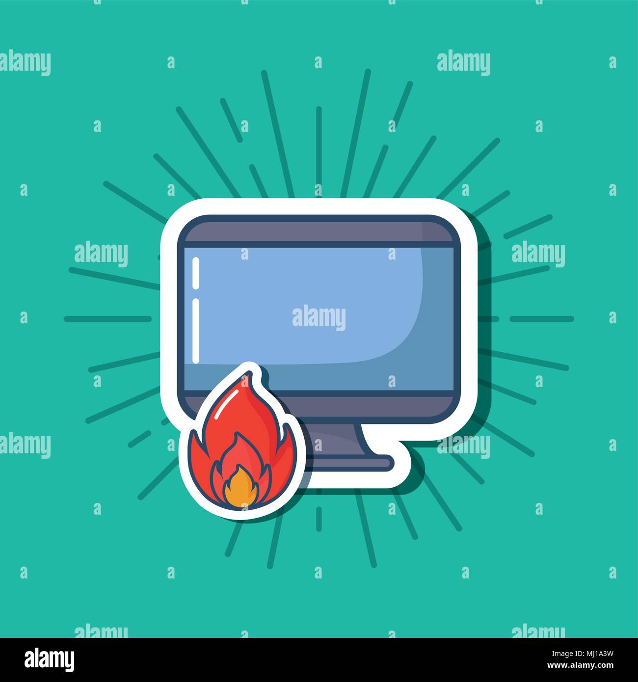 cyber security design with computer and fire flame over turquoise ...