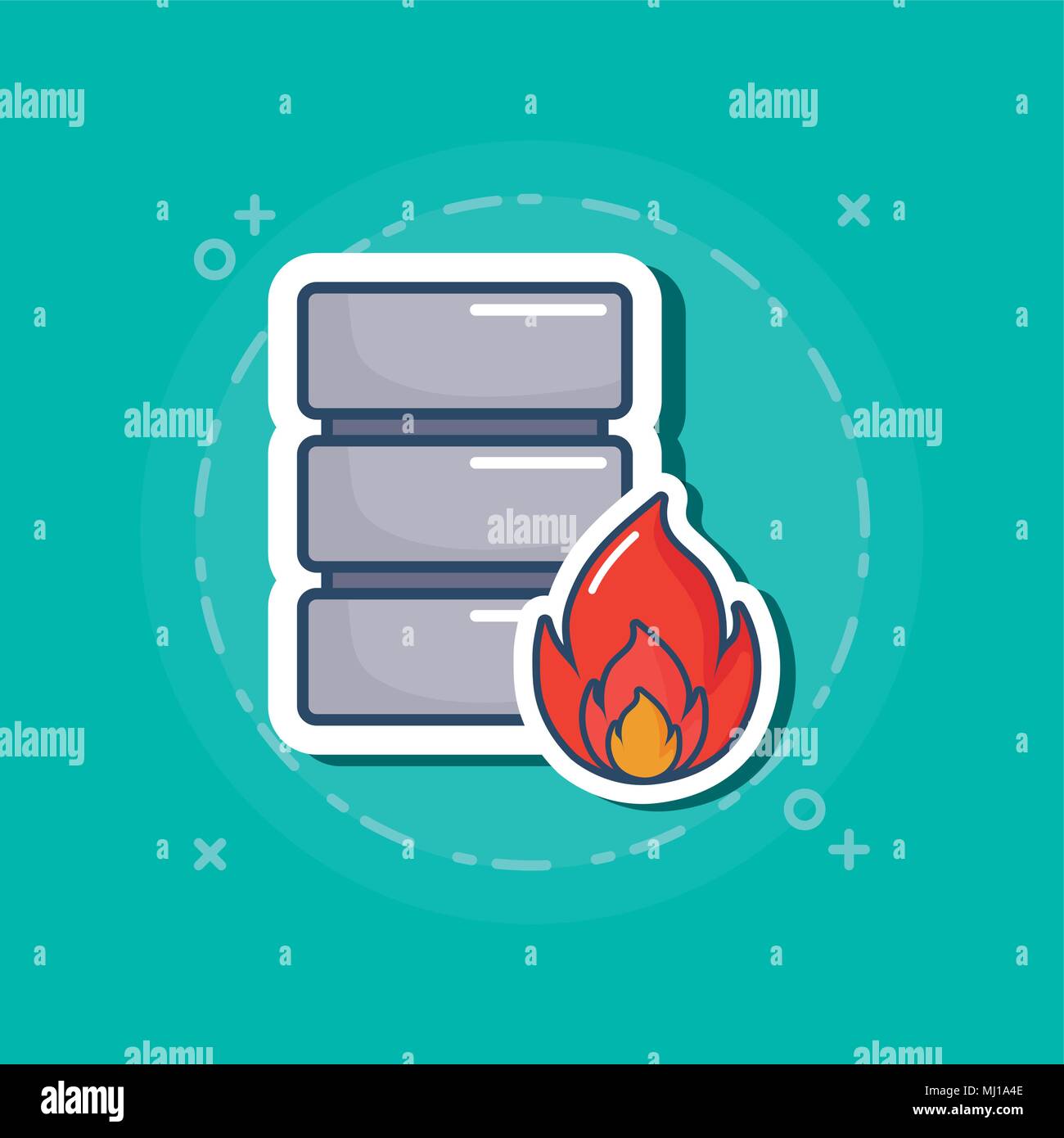 data server and fire flame over turquoise background, colorful design ...