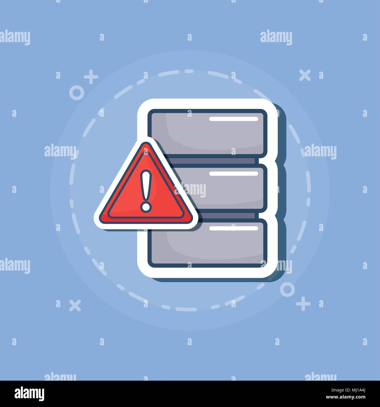 data server and warning sign over blue background, colorful design ...