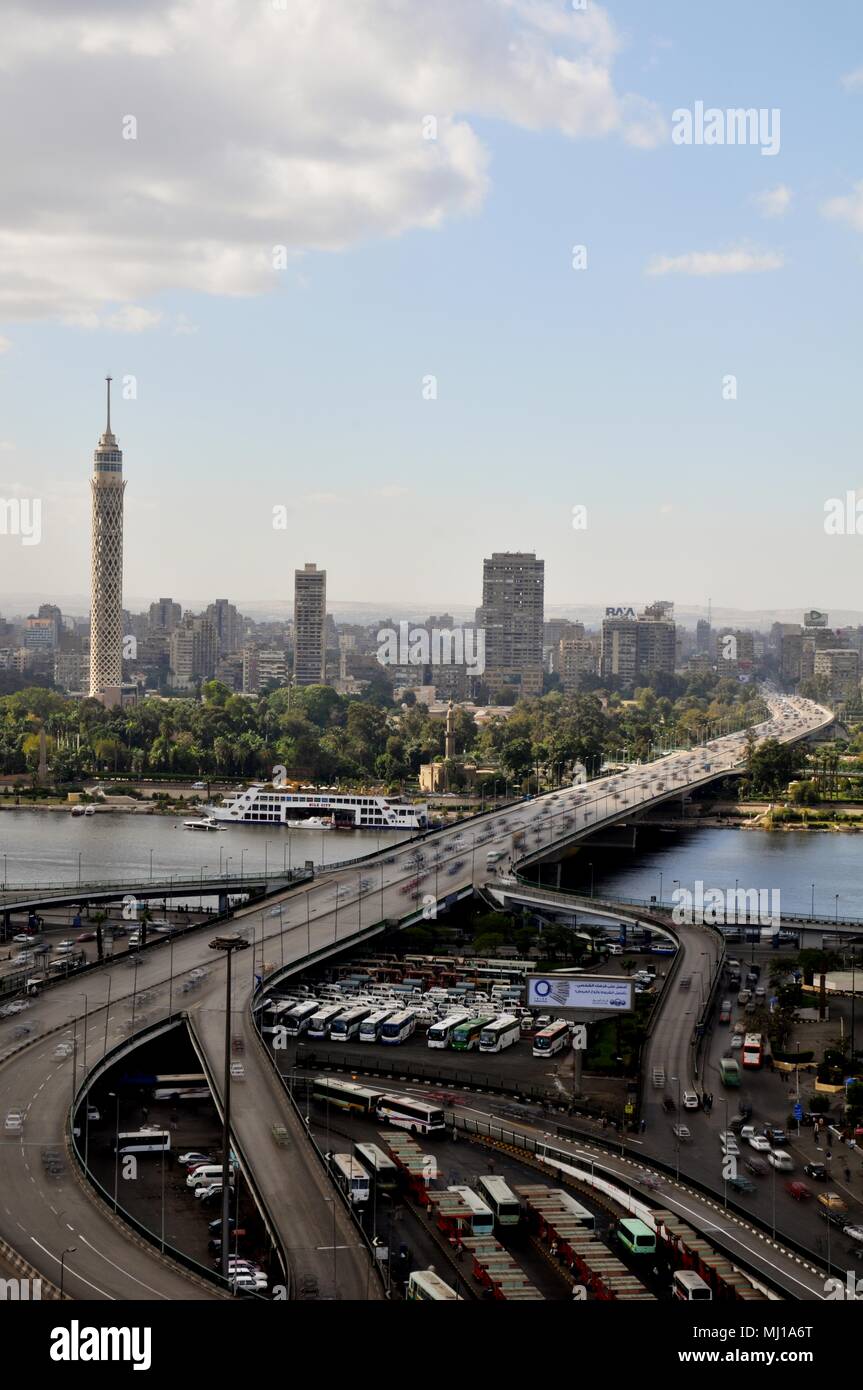 Cairo, Egypt -- Panorama of Cairo with 6th of October Bridge crossing ...