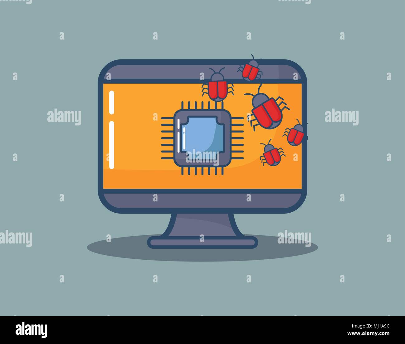 cyber security design with computer with chip and virus bugs over gray ...