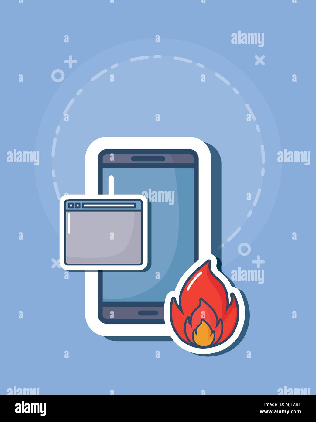 cyber security design with smartphone and web interface and fire flame ...